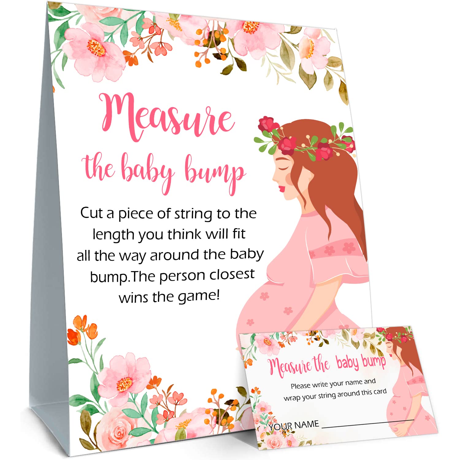 Measure Mommy's Belly Sign, Blush Pink Floral Baby Shower Sign, Measure the Baby Bump How Big is Mommy's Belly, Guessing Game for Gender Reveal Party- Game Set(1 Standing Sign + 50 Guessing Cards)