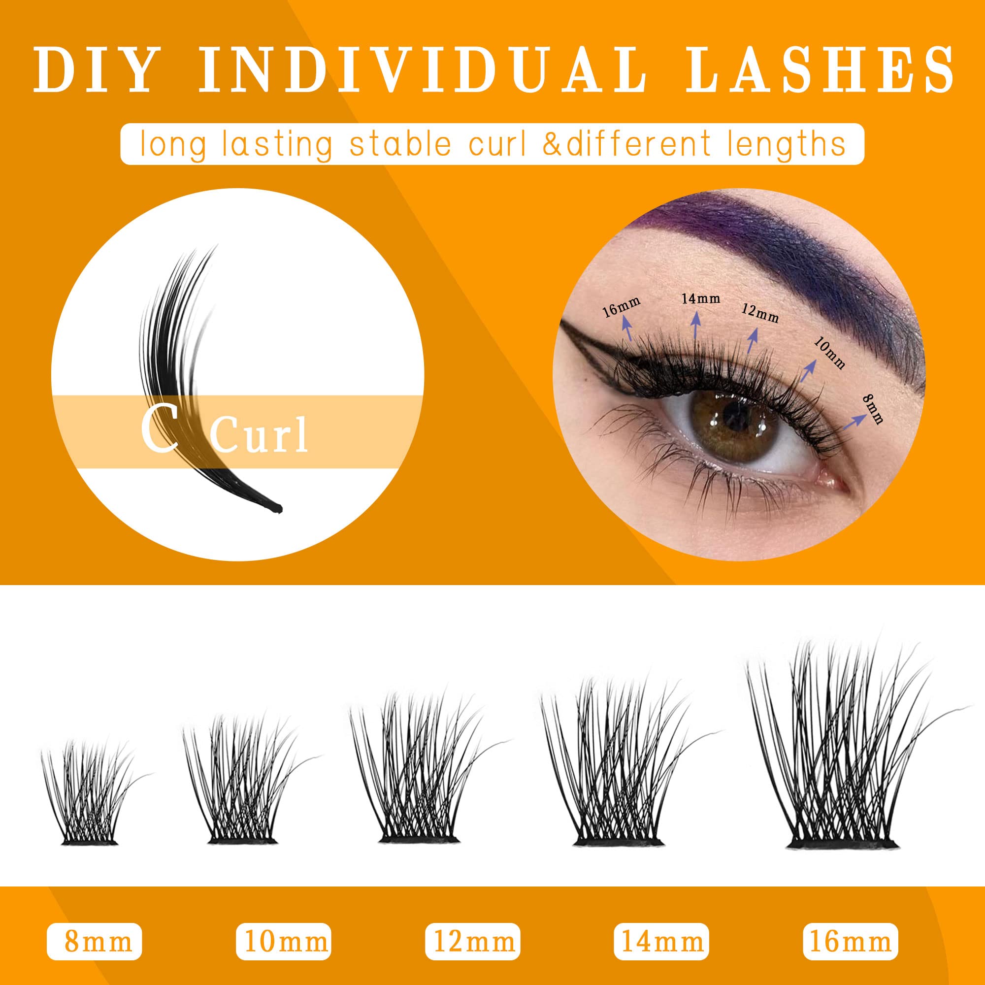 PURELEOR Cluster Lashes 60Pcs Individual Eyelash Extensions C Curl DIY Manga Lash Mixed 8-16mm