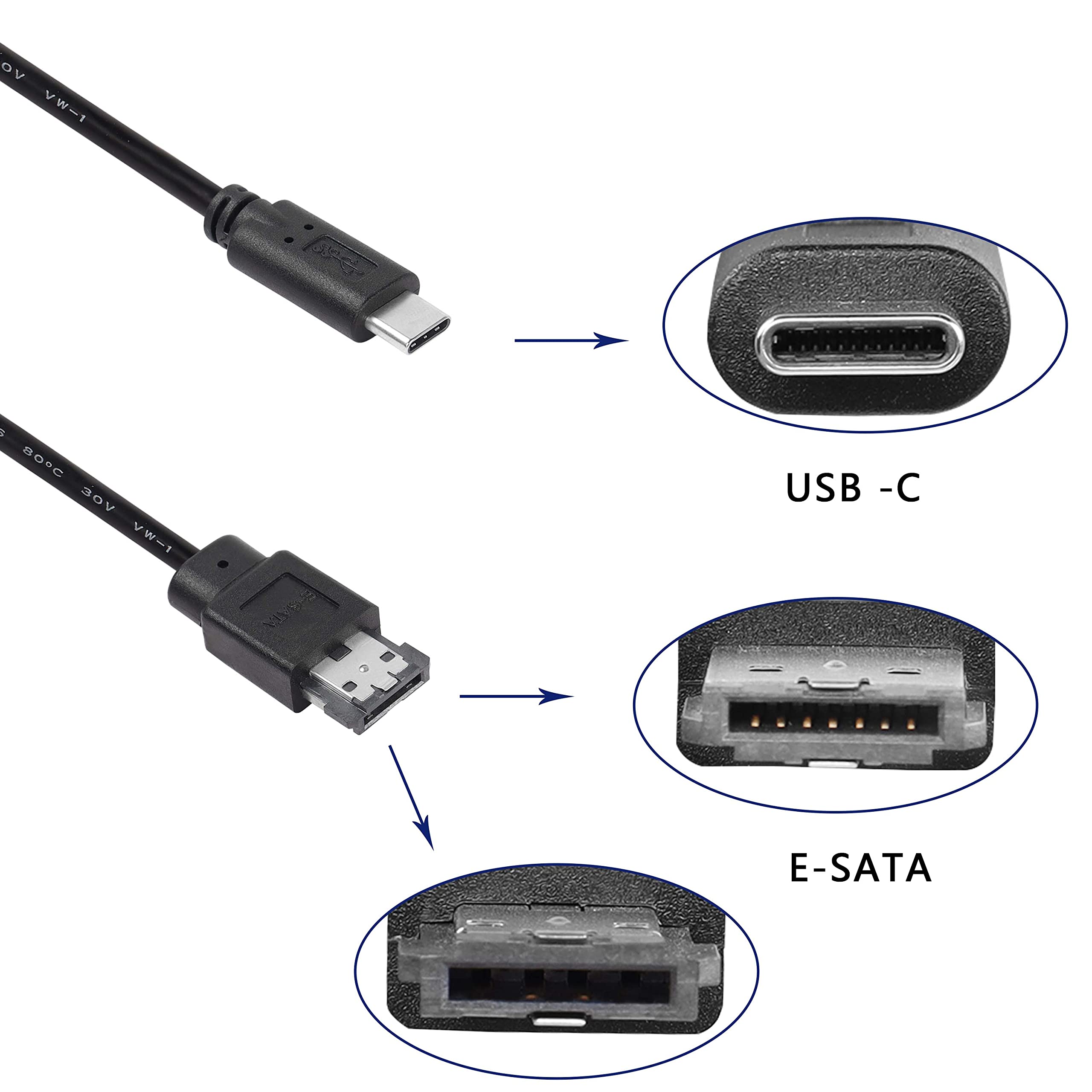 XMSJSIY USB-C Type-C to eSATA Adapter Cable 5Gbps USB C to Power eSATA Converter Cable 5V for HDD/SSD/ODD Laptop PC - 3 ft/1M