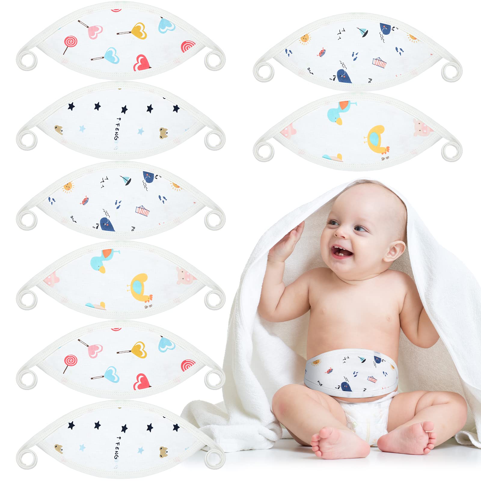 8 Pcs Newborn Infant Belly Wrap Comfort Cotton Umbilical Cord Cover Band Cartoon Soft Baby Belly Band Newborn Navel Belt for Protection Abdomen Baby Boy Girl Gifts 0-12 Months, 4 Styles (Cute)