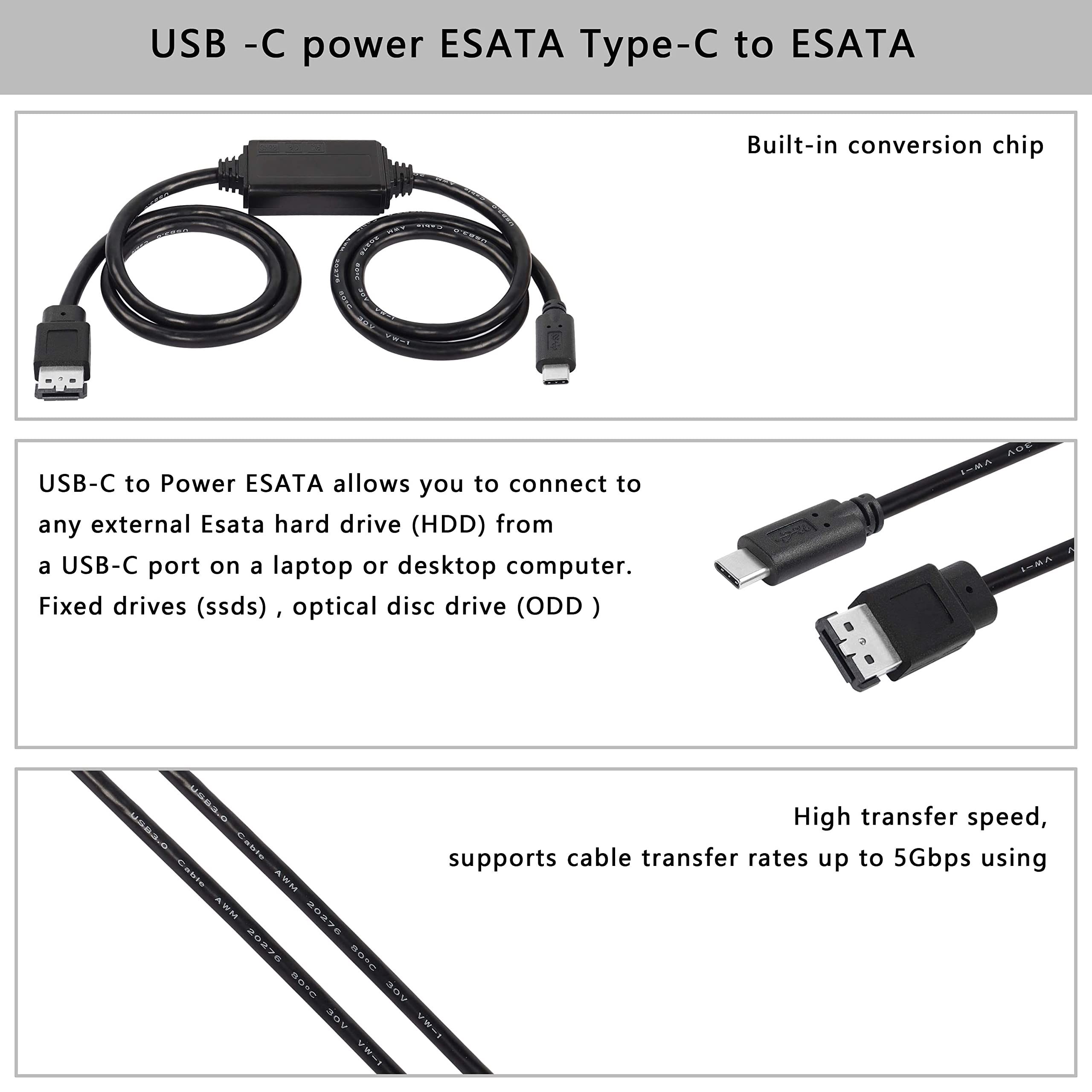 XMSJSIY USB-C Type-C to eSATA Adapter Cable 5Gbps USB C to Power eSATA Converter Cable 5V for HDD/SSD/ODD Laptop PC - 3 ft/1M