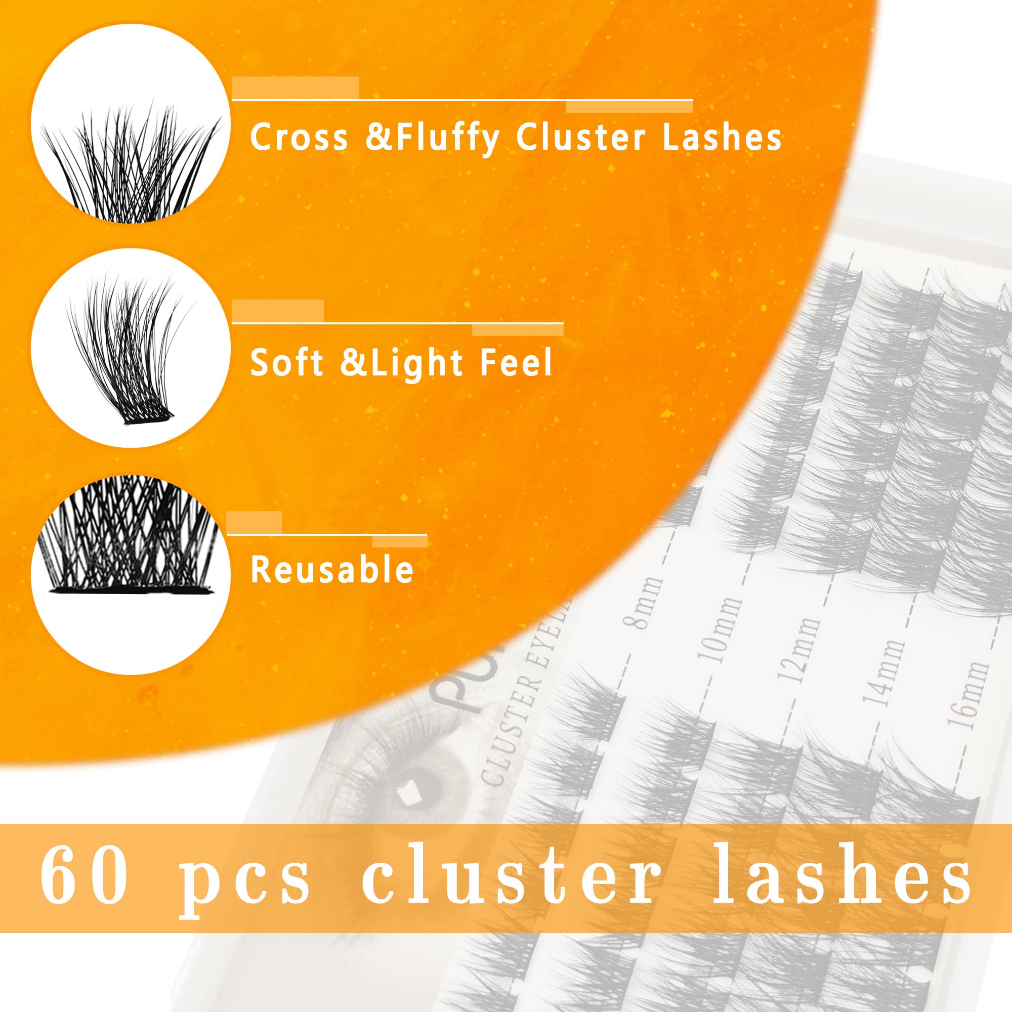 PURELEOR Cluster Lashes 60Pcs Individual Eyelash Extensions C Curl DIY Manga Lash Mixed 8-16mm