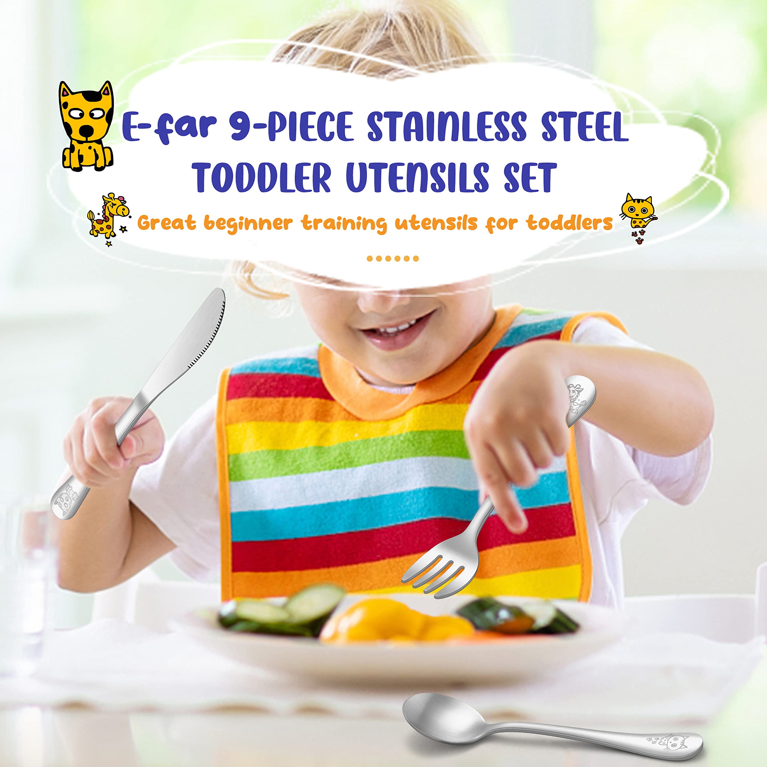 E-far 9-Piece Toddler Utensils, Stainless Steel Kids Silverware for Baby Self Feeding, Includes Toddler Forks Spoons Knife with Cute Animal Pattern, Rust Free & Dishwasher Safe