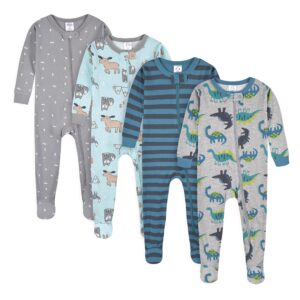 gerber baby boys' 4-pack footed pajamas, dino and arctic animals, 6 months