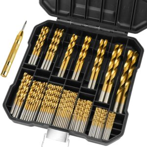 99pcs titanium drill bit set with plastic indexed storage case,135 degree tip high speed steel twist drill kit,sizes from 1/16" to 3/8" for drilling aluminum,copper,plastic,wood,and soft metal