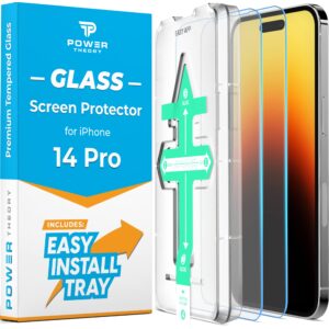 power theory [2 pack screen protector for iphone 14 pro premium shatterproof temptered glass [9h hardness], easy install frame, 99.99% hd clear, bubble free, case friendly, anti-scratch, anti-smudge