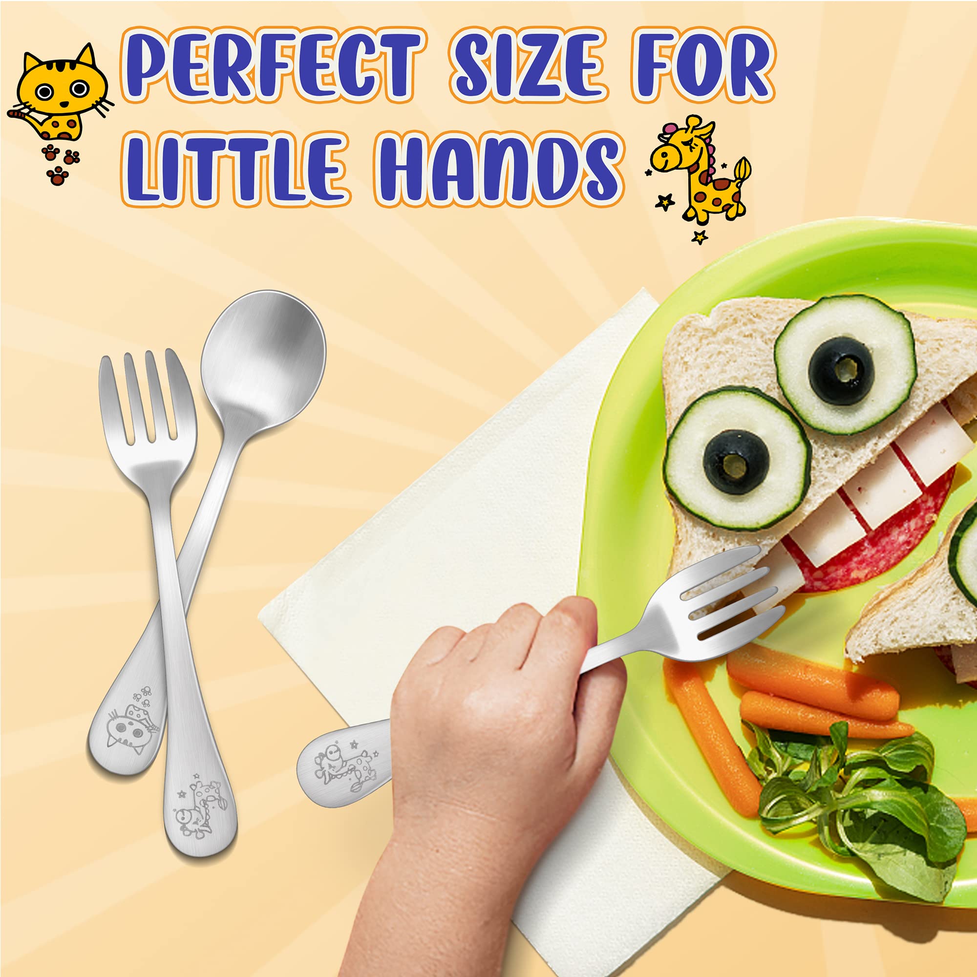 E-far 9-Piece Toddler Utensils, Stainless Steel Kids Silverware for Baby Self Feeding, Includes Toddler Forks Spoons Knife with Cute Animal Pattern, Rust Free & Dishwasher Safe