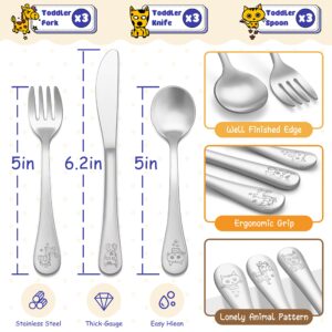 E-far 9-Piece Toddler Utensils, Stainless Steel Kids Silverware for Baby Self Feeding, Includes Toddler Forks Spoons Knife with Cute Animal Pattern, Rust Free & Dishwasher Safe