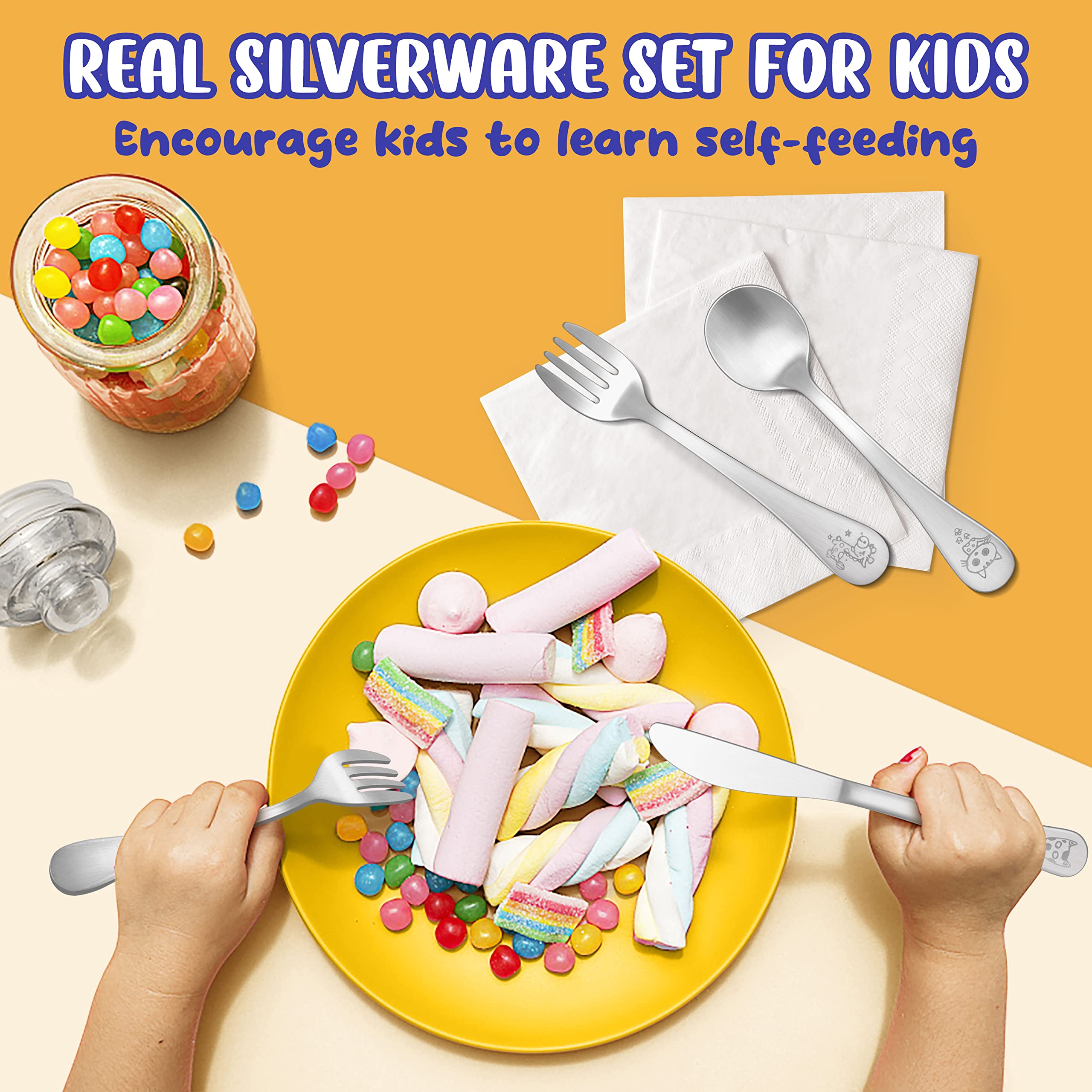 E-far 9-Piece Toddler Utensils, Stainless Steel Kids Silverware for Baby Self Feeding, Includes Toddler Forks Spoons Knife with Cute Animal Pattern, Rust Free & Dishwasher Safe