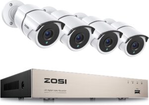 zosi 5mp lite home security camera system,h.265+ 8channel cctv dvr and 4pcs 1920tvl 1080p weatherproof outdoor indoor surveillance cameras,120ft night vision,remote access,no hard drive