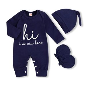 grnshts newborn baby boy romper coming home outfits letter print bodysuit jumpsuit+hat+gloves 3pcs clothes set (a-navy blue, newborn)