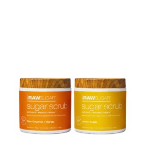 raw sugar - exfoliating sugar scrub body love bundle - raw coconut + mango and lemon sugar, clean, made with plant-derived ingredients, vegan and formulated without sulfates & parabens (pack of 2)