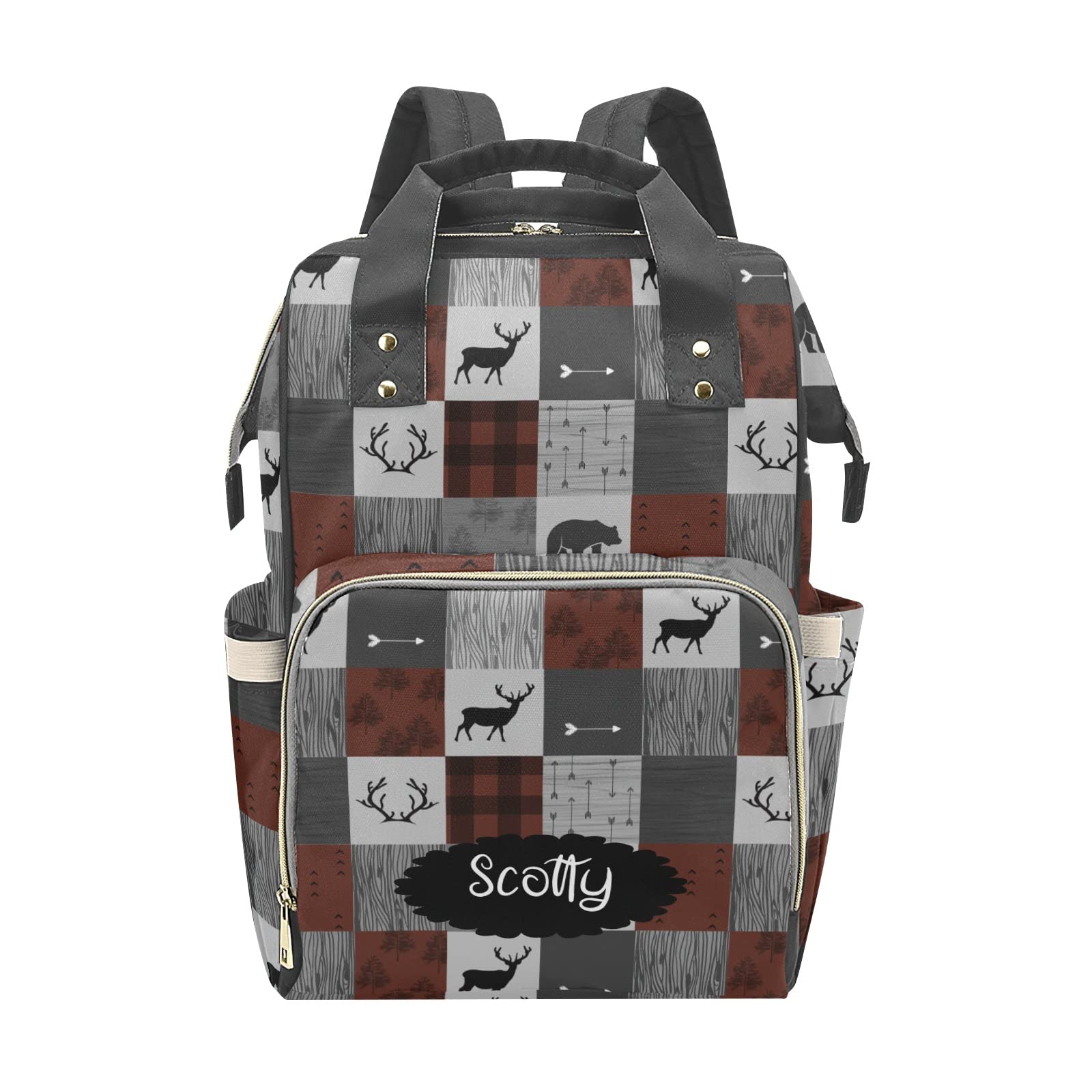 Woodland Animals Patchwork Deer Bear Personalized Diaper Backpack with Name,Custom Travel DayPack for Nappy Mommy Nursing Baby Bag One Size