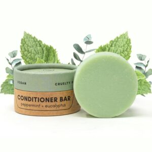 zero waste mvmt conditioner bar | peppermint + eucalyptus | eco-friendly conditioner with travel container | natural salon quality conditioner, zero waste & plastic free