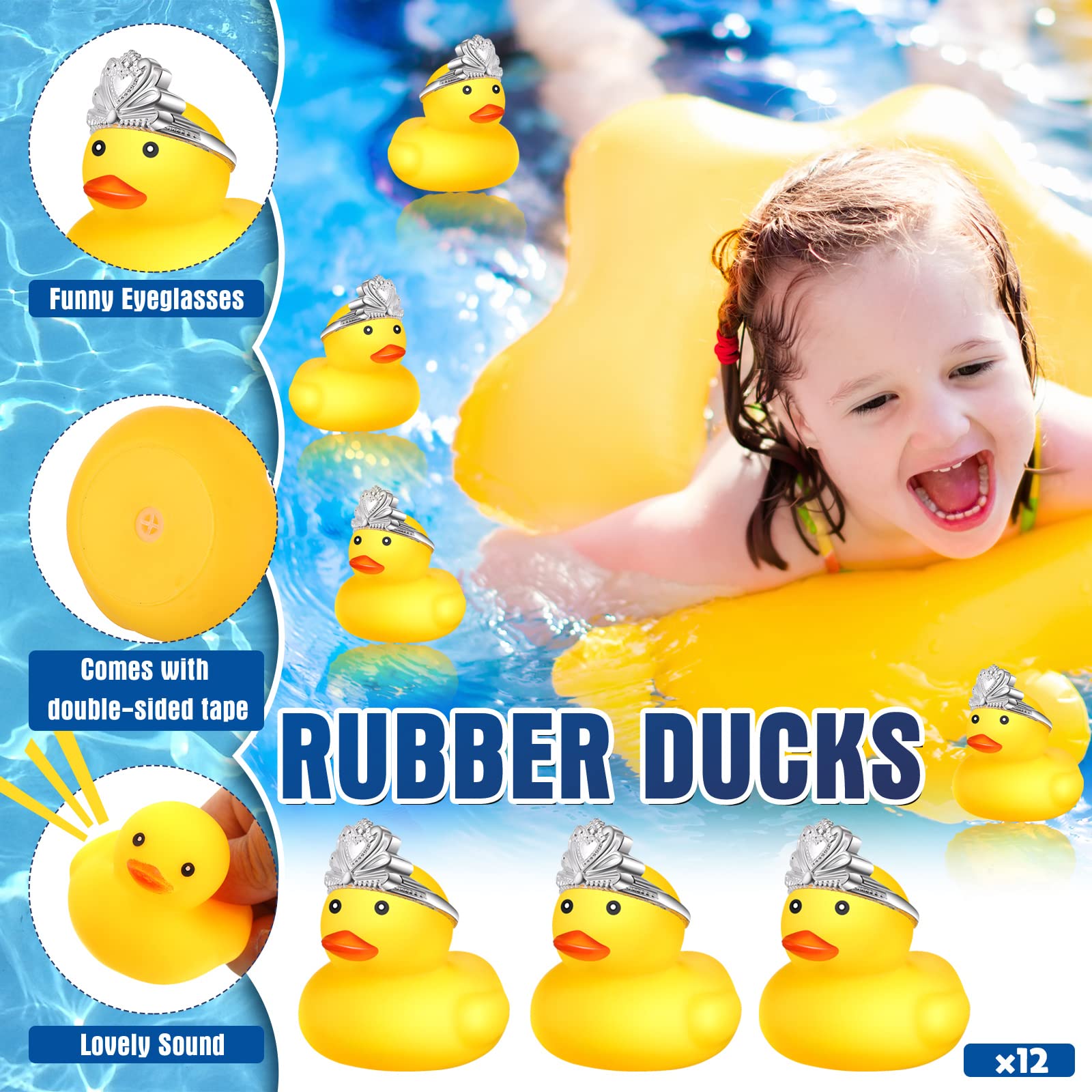 Chivao 12 Pcs Rubber Ducks with 12 Sunglasses/ Hats/ Headwear/ Scarf Small Cruise Ducks in Bulk Mini Rubber Duckies Bathtub Toys for Valentine's Day Gift Hide(Yellow, Duck with Crown)