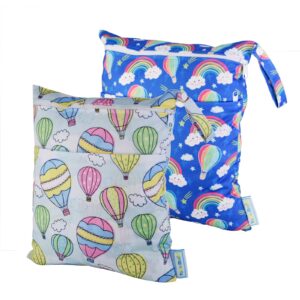 2 pcs cloth diaper wet dry bags waterproof reusable travel daycare baby pump parts bag for swimsuits clothes with zipper (rainbow and hot air balloon)