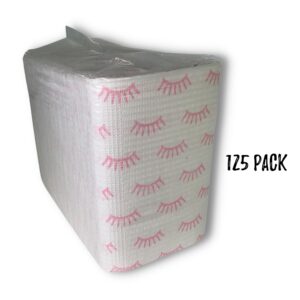 Disposable Lashing Dental Bib | 125 Pack | Size 13x18" inches | Eyelash Extension Supplies | White Bib with Pink Lash Print Design