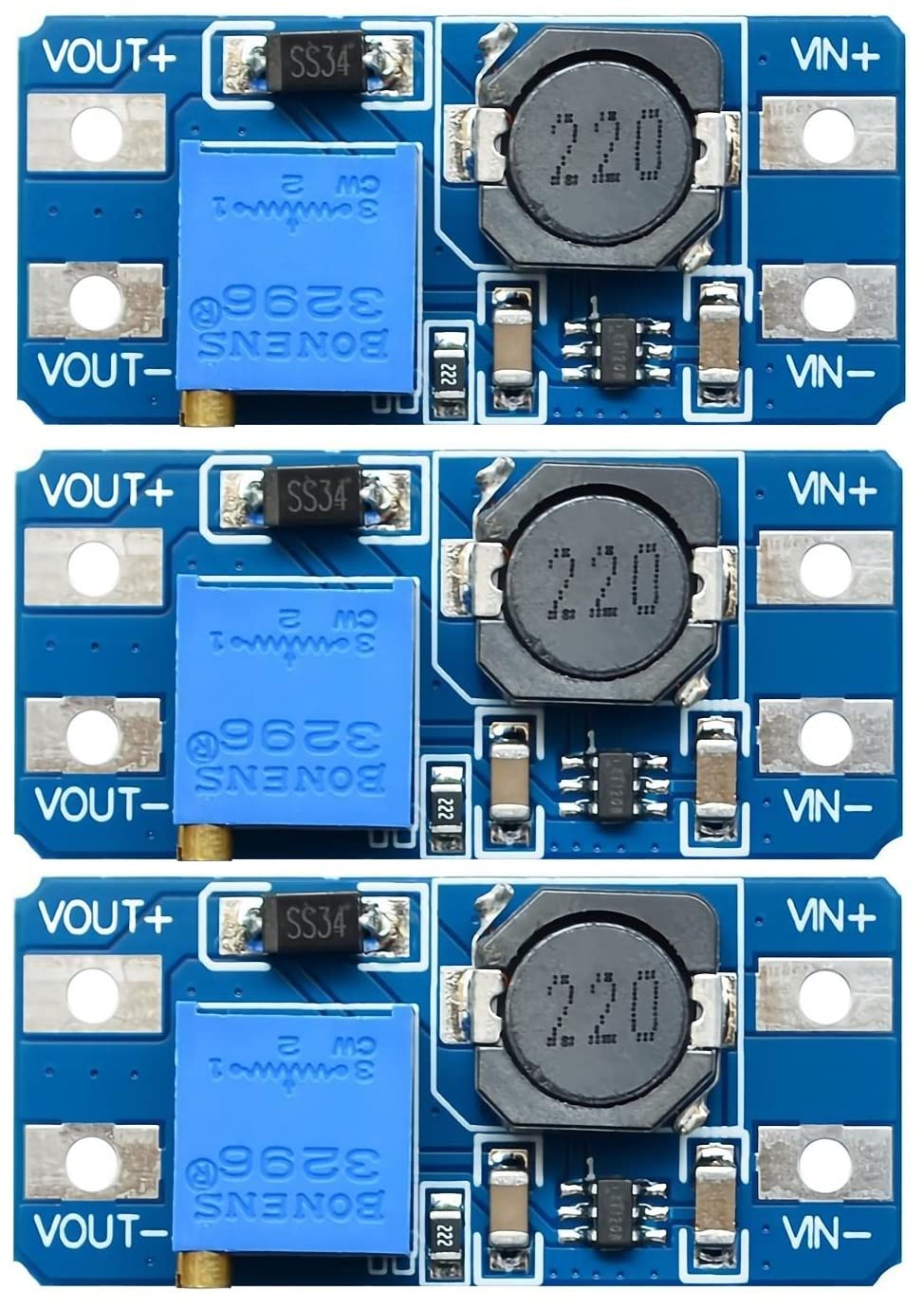 WWZMDiB MT3608 2A DC-DC Converter 2-24V to 5-28V Adjustable Boost Module (3 Pcs)