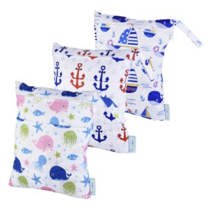 3 pcs cloth diaper wet dry bags waterproof reusable travel daycare baby pump parts bag for swimsuits clothes with zipper (whale + sailing + anchor)