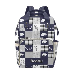 forest blue patchwork bear plaid deer personalized diaper backpack with name,custom travel daypack for nappy mommy nursing baby bag one size