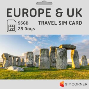 europe uk travel sim card (95 gb, 28 days) - prepaid sim card w/data & unlimited minutes to eu & uk numbers - 3-in-1 tethering/hotspot card - standard, micro, & nano sim card for unlocked phones