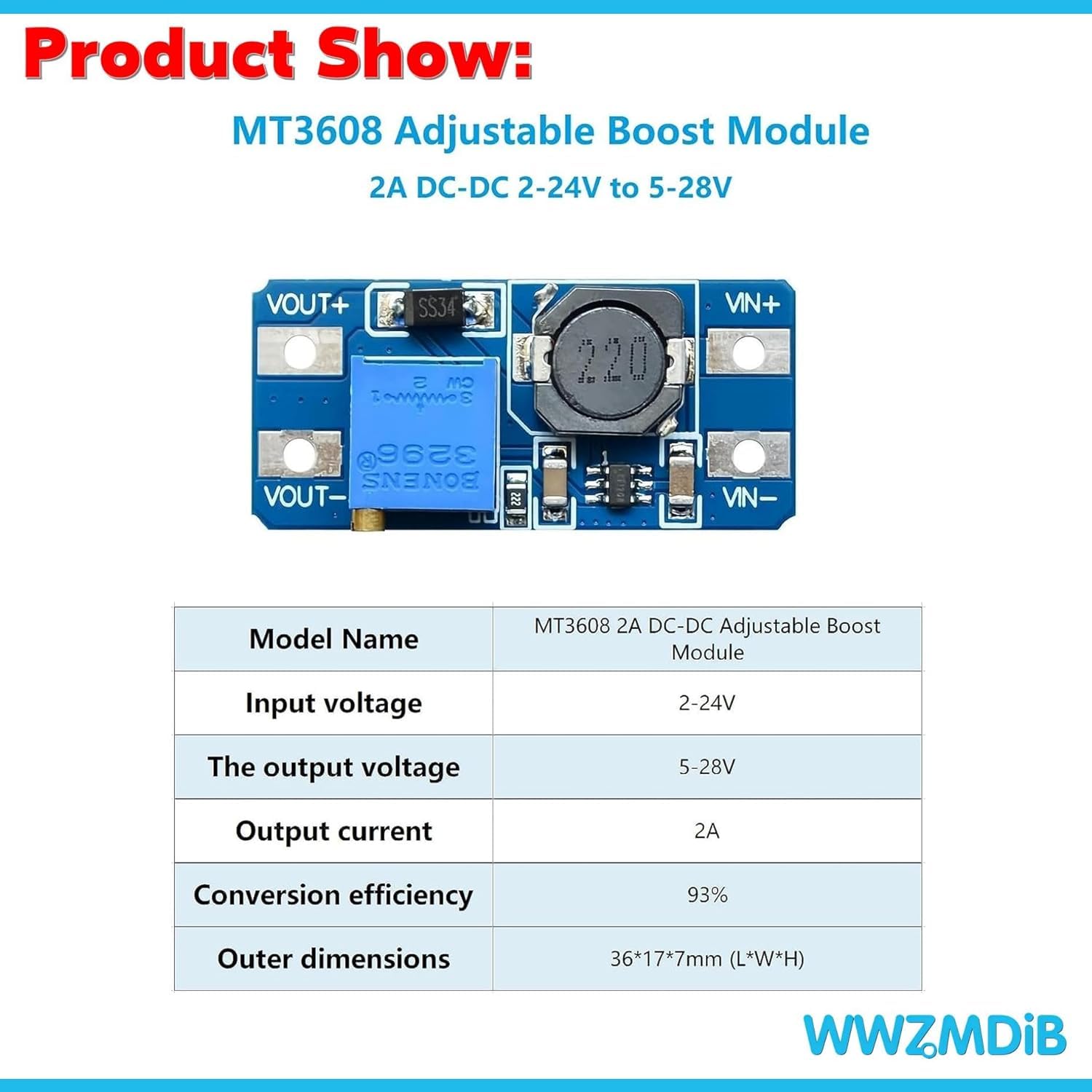 WWZMDiB MT3608 2A DC-DC Converter 2-24V to 5-28V Adjustable Boost Module (3 Pcs)