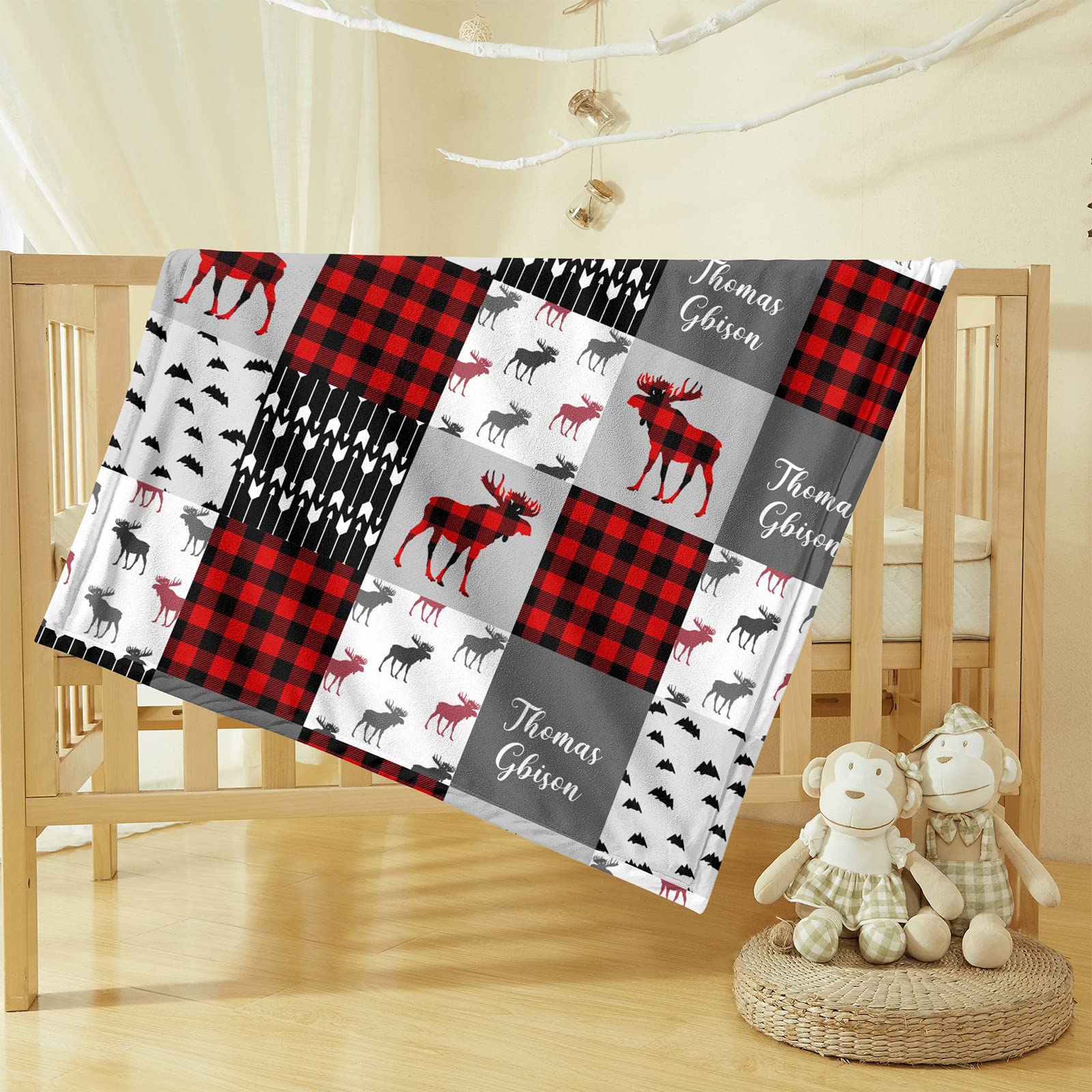 Woodland Deer Personalized Baby Blankets - Customized Name Nursery Soft Plush Minky Blankets for Girls Kids, Red Plaid Design Swadding Blankets Nursery Stroller Crib Receiving Blankets Infant Newborn