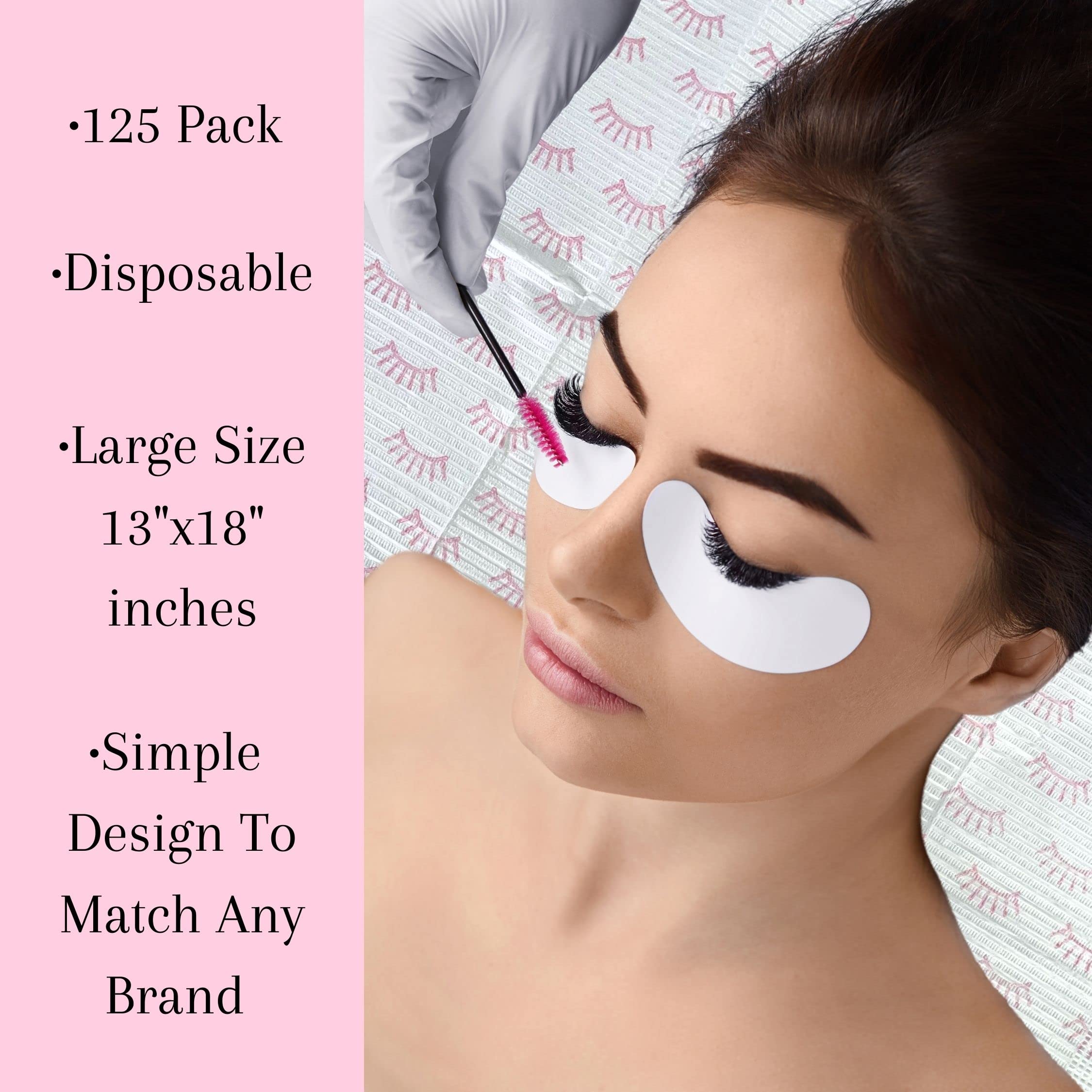 Disposable Lashing Dental Bib | 125 Pack | Size 13x18" inches | Eyelash Extension Supplies | White Bib with Pink Lash Print Design