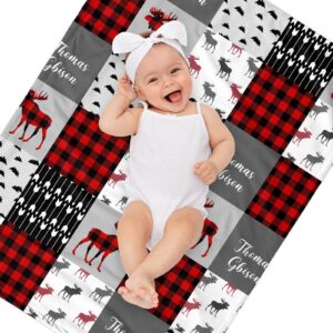 Woodland Deer Personalized Baby Blankets - Customized Name Nursery Soft Plush Minky Blankets for Girls Kids, Red Plaid Design Swadding Blankets Nursery Stroller Crib Receiving Blankets Infant Newborn