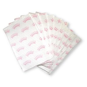 disposable lashing dental bib | 125 pack | size 13x18" inches | eyelash extension supplies | white bib with pink lash print design