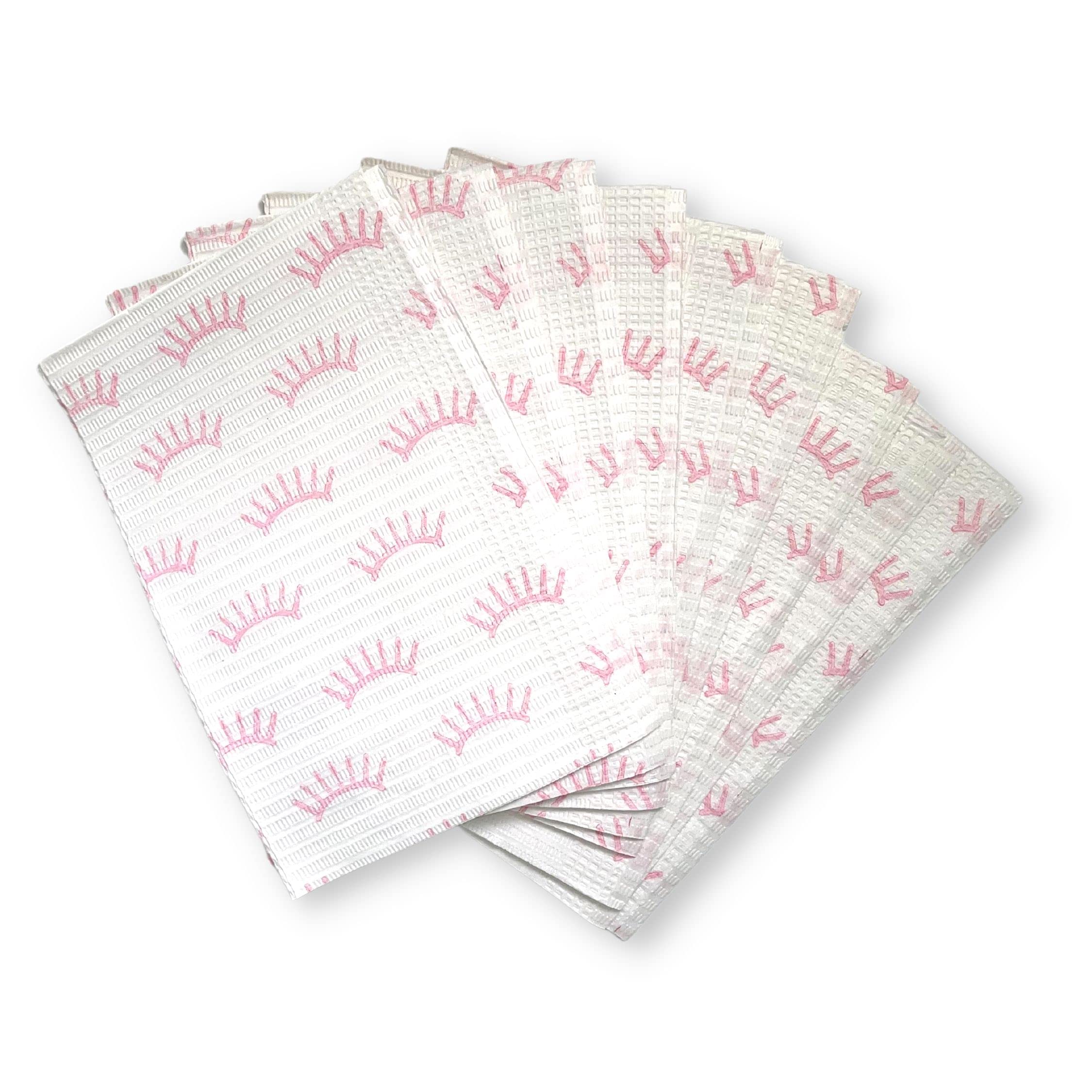 Disposable Lashing Dental Bib | 125 Pack | Size 13x18" inches | Eyelash Extension Supplies | White Bib with Pink Lash Print Design