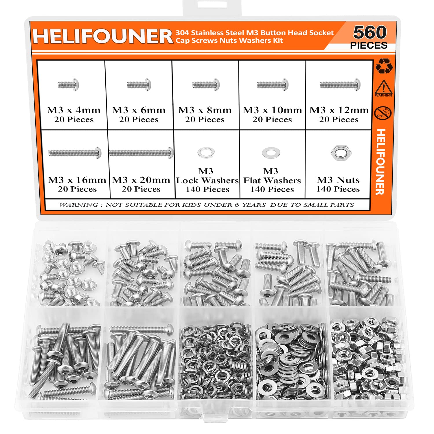 HELIFOUNER 560 Pieces M3 x 4mm /6mm /8mm /10mm /12mm /16mm /20mm, Button Head Socket Cap Screws Bolts Washers Nuts Kit, 304 Stainless Steel