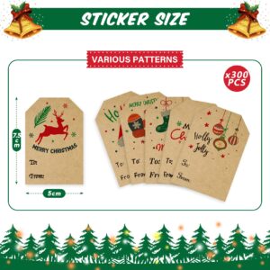 300 PCS Christmas Stickers,2 * 3 Inch Christmas Label Stickers,6 Designs of Christmas Labels,Kraft Paper Christmas Stickers,Christmas Label Stickers,Merry Christmas Stickers