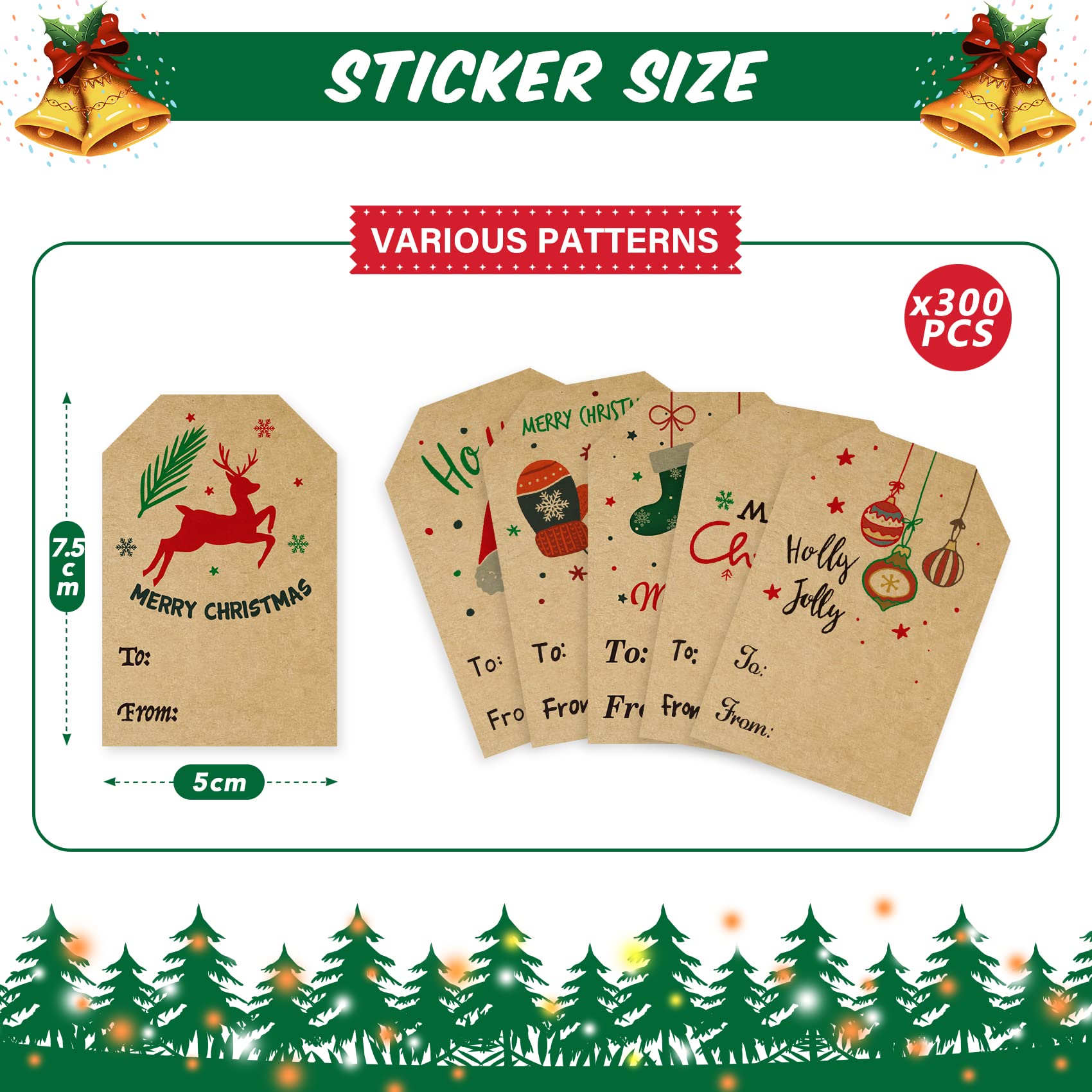 300 PCS Christmas Stickers,2 * 3 Inch Christmas Label Stickers,6 Designs of Christmas Labels,Kraft Paper Christmas Stickers,Christmas Label Stickers,Merry Christmas Stickers