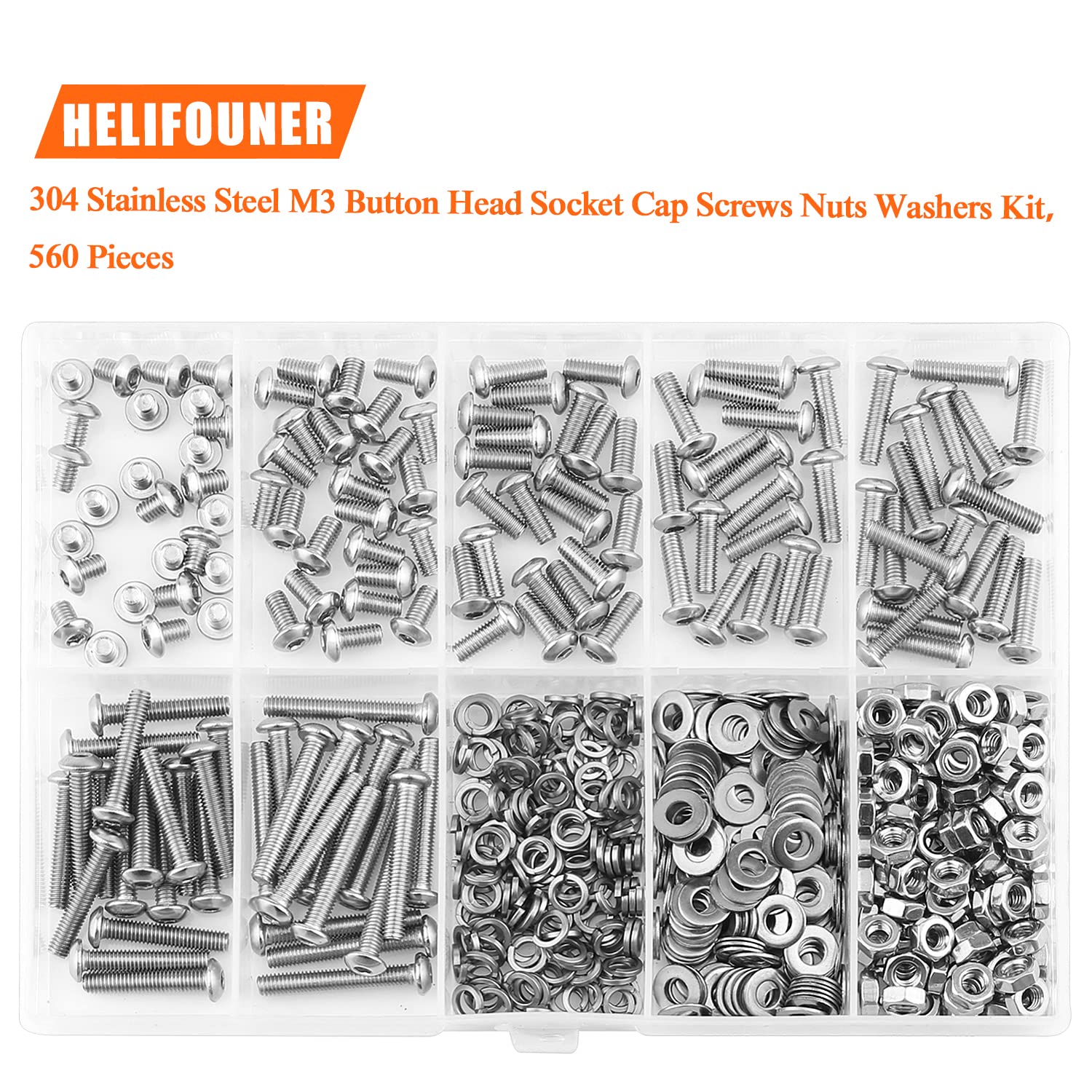 HELIFOUNER 560 Pieces M3 x 4mm /6mm /8mm /10mm /12mm /16mm /20mm, Button Head Socket Cap Screws Bolts Washers Nuts Kit, 304 Stainless Steel