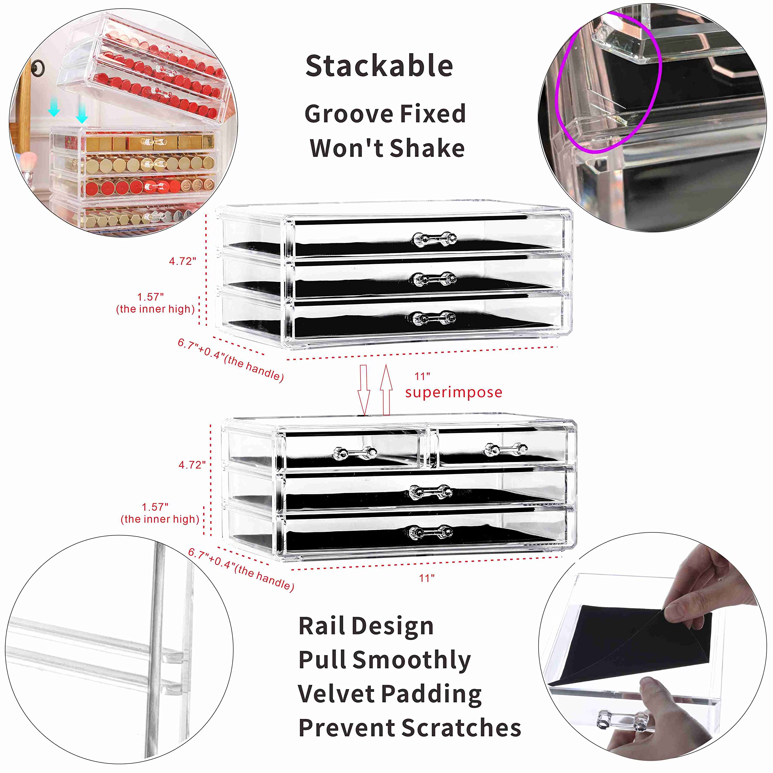 Cq acrylic 2 Pack Clear Acrylic Drawer Organizer Countertop,Stackable 7 Drawers Makeup Storage,Cute cube Make up Organizer for dresser Hair Clip,Beauty Product Desk and Bathroom Organizers and Storage