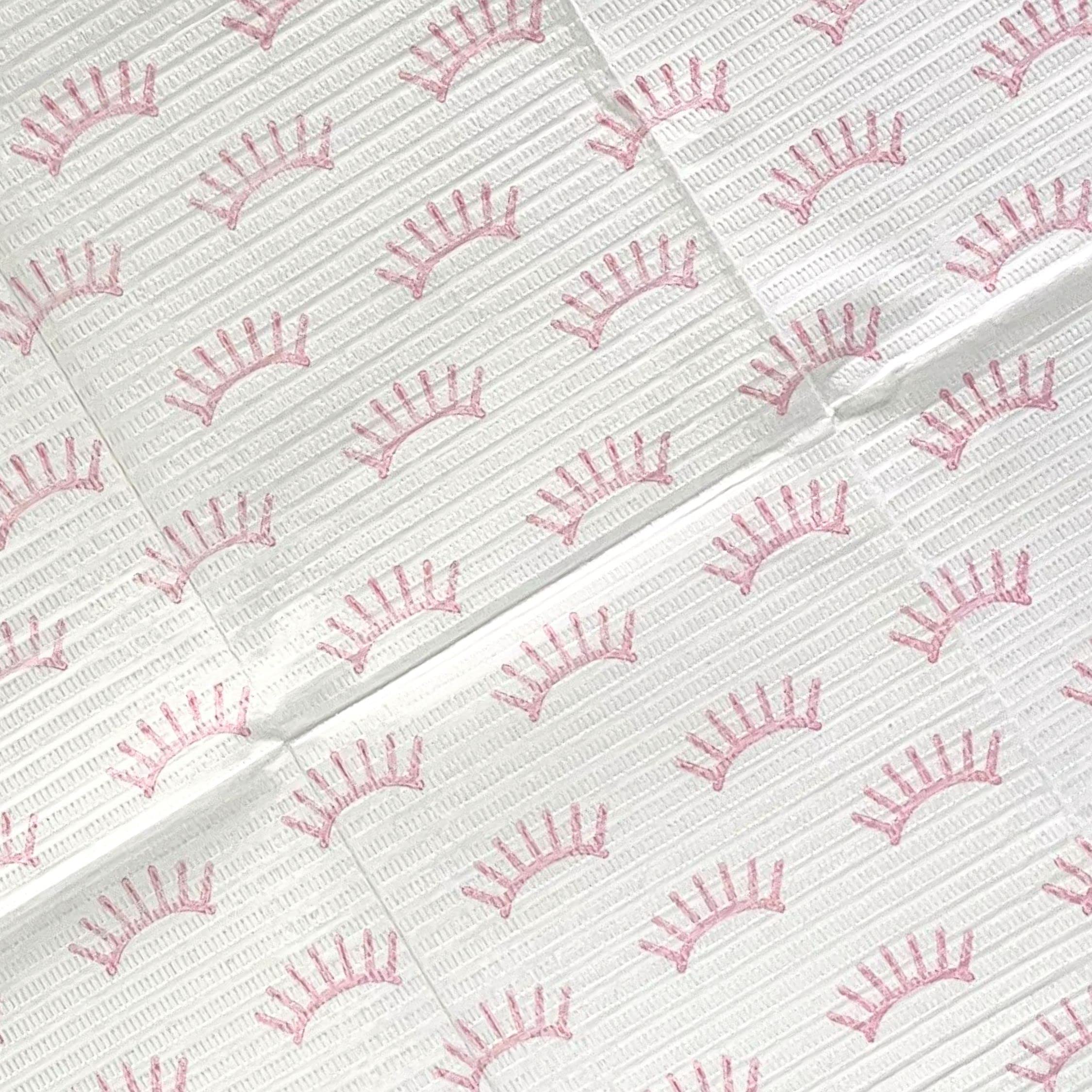 Disposable Lashing Dental Bib | 125 Pack | Size 13x18" inches | Eyelash Extension Supplies | White Bib with Pink Lash Print Design