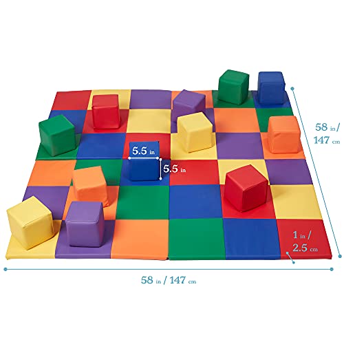 ECR4Kids SoftZone Patchwork Activity Mat and Toddler Blocks, Beginner Playset, Assorted, 13-Piece