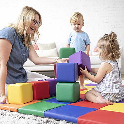 ECR4Kids SoftZone Patchwork Activity Mat and Toddler Blocks, Beginner Playset, Assorted, 13-Piece