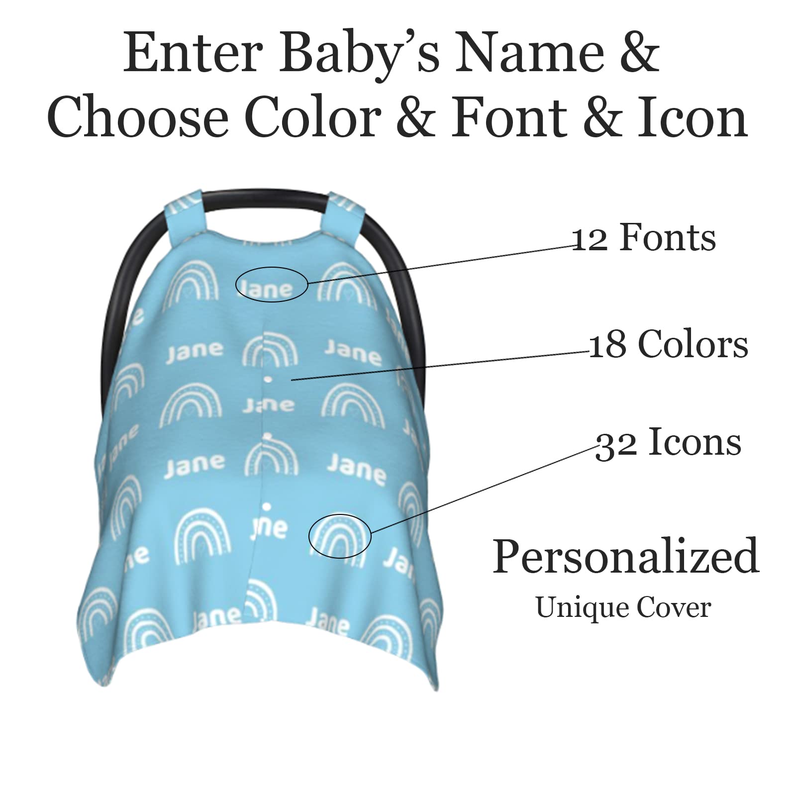 Personalized Baby Car Seat Canopy for Babies with Name, Customized Name and Cute Icon Stroller Car Seat Covers for Boys Girls, Minky Nursing Carseat Cover for Breastfeeding, Newborn, Infant