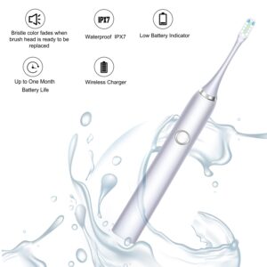 BTFO Sonic Electric Toothbrush with 5 Modes, 2pcs Replacement Brush Heads USB Rechargeable Smart Electronic Toothbrush with Holder for Adults IPX7 Waterproof Smart Timing Fast Charging (White)