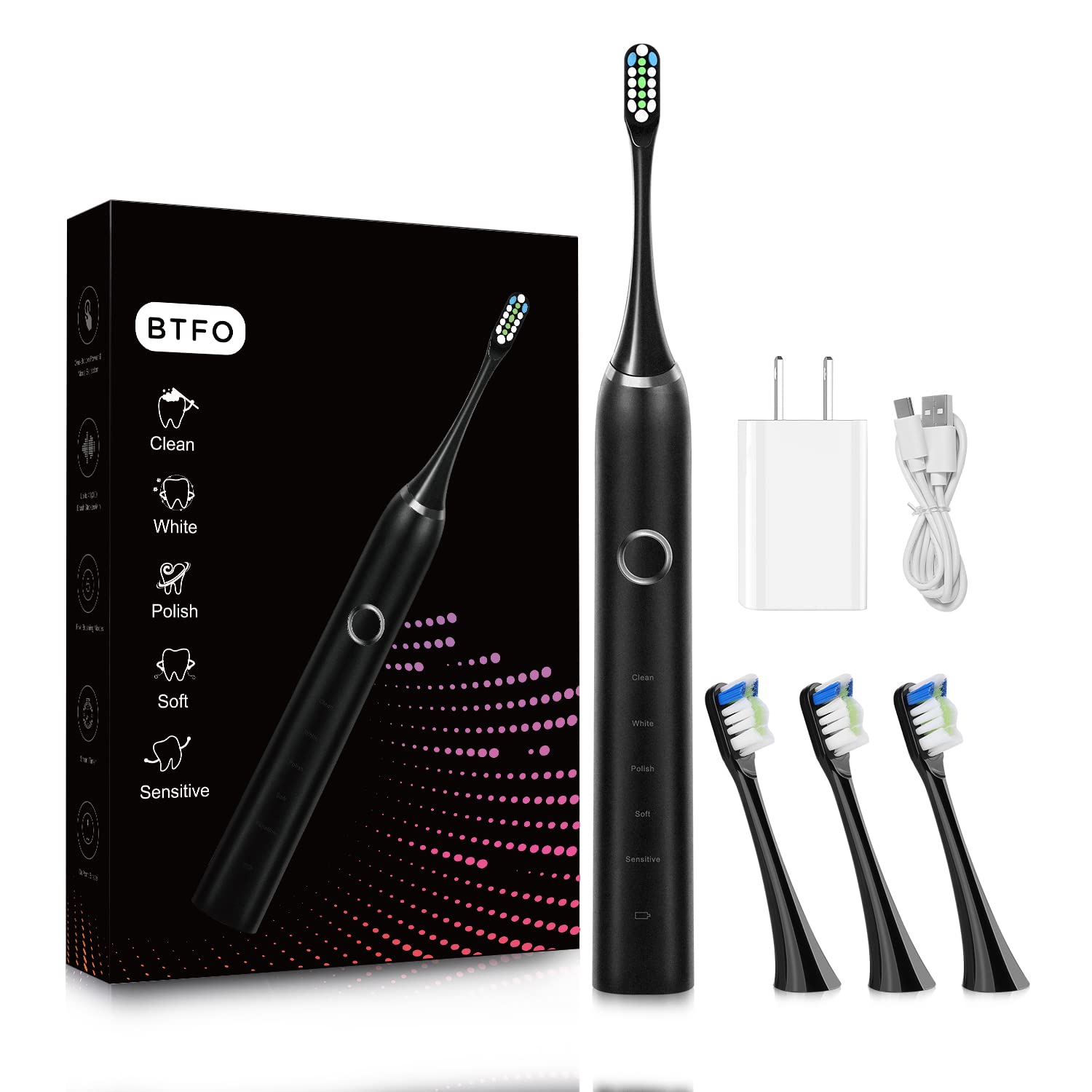 BTFO Sonic Electric Toothbrush with 5 Modes, 2pcs Replacement Brush Heads USB Rechargeable Smart Electronic Toothbrush with Holder for Adults IPX7 Waterproof Smart Timing Fast Charging (Black)