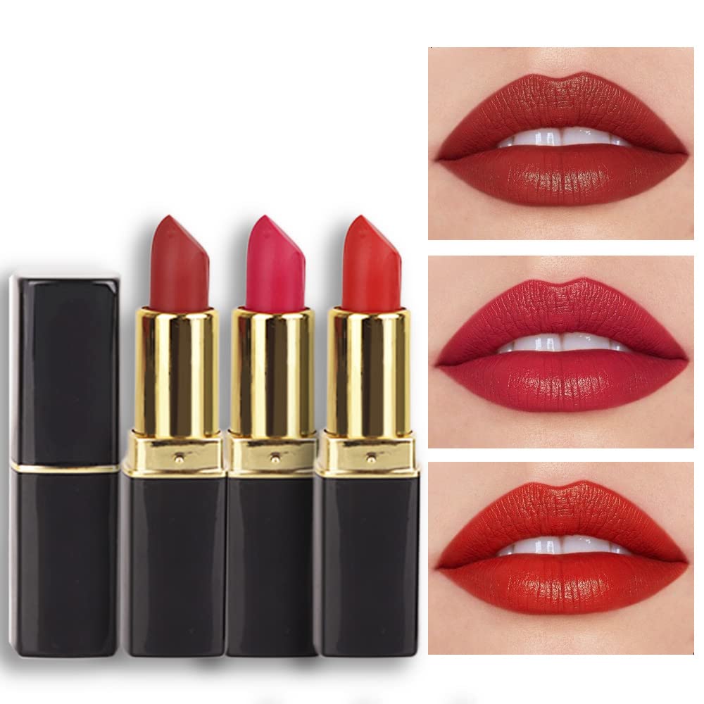 evpct 3Pcs Dark Light Bright Red Silky Velvet Matte Lipstick Pack Sets for Women,Ruby Red Long Lasting Smudge Proof Lip Stain Makeup Sets Kit 24 hours original