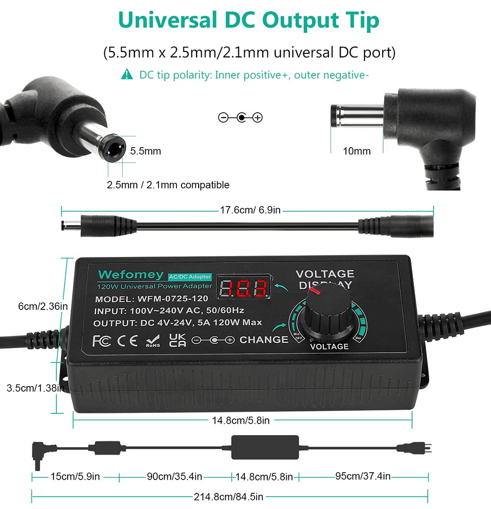 120W Universal Power Supply Adjustable DC 3V ~ 24V Variable Switching AC/DC Adapter 100V-240V AC to DC 24V 5A Converter with 14 Tips & Polarity Converter - 5000mA Max