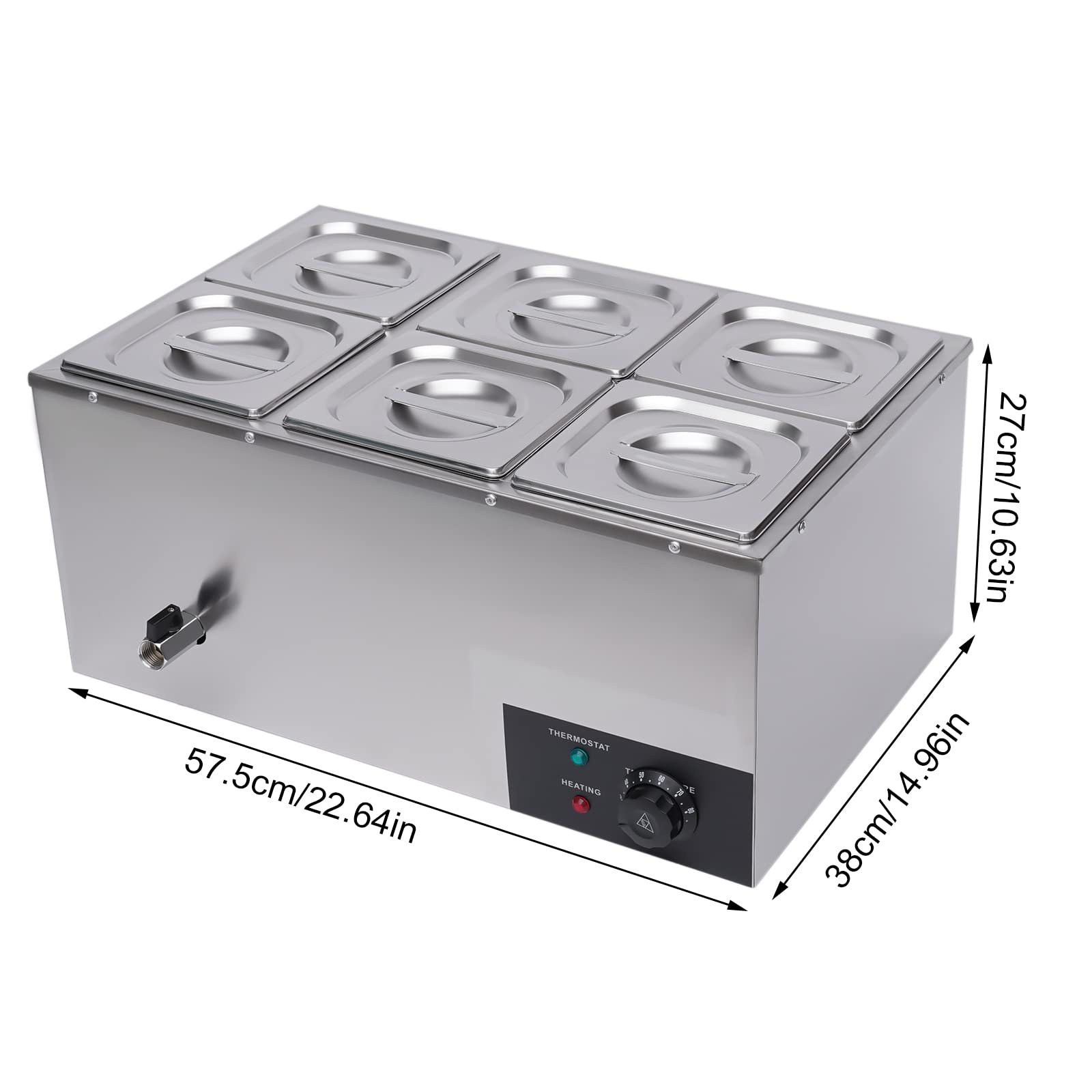 Leblett 110V Commercial Food Warmer,Large Capacity 6X 3.2Qt Pan Stainless Steel 600W Electric Countertop Steam Table with Intelligent Thermostat for Catering and Restaurants Use (6-Pan)