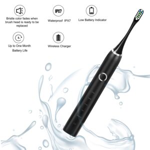 BTFO Sonic Electric Toothbrush with 5 Modes, 2pcs Replacement Brush Heads USB Rechargeable Smart Electronic Toothbrush with Holder for Adults IPX7 Waterproof Smart Timing Fast Charging (Black)