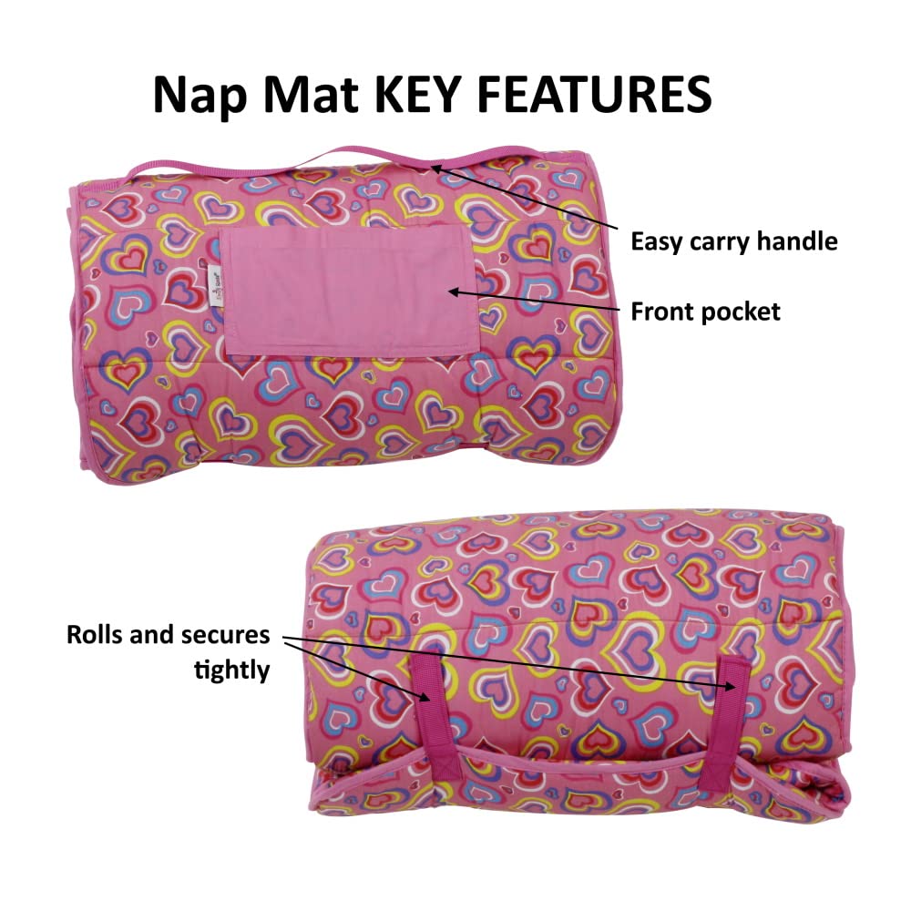 Emily Rose Rollup Toddler Kids Sleeping Nap Cot Mat | Removable Pillow & Unicorn Lovey Included | 100% Cotton for Daycare, Preschool, Travel Naps | Portable, Cozy, Machine Washable (Playful Hearts)