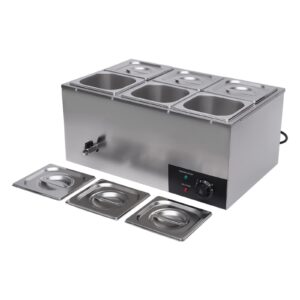 Leblett 110V Commercial Food Warmer,Large Capacity 6X 3.2Qt Pan Stainless Steel 600W Electric Countertop Steam Table with Intelligent Thermostat for Catering and Restaurants Use (6-Pan)