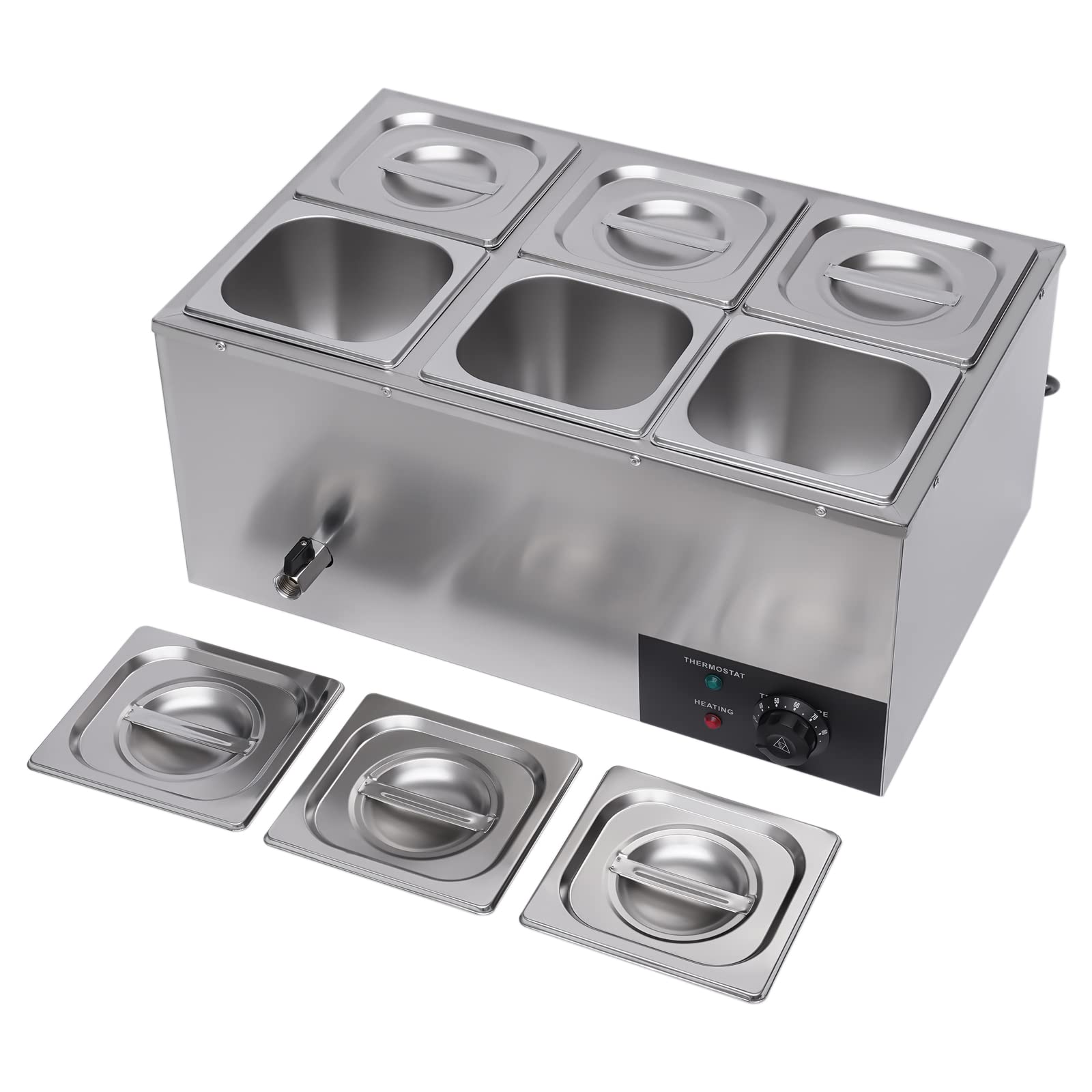 Leblett 110V Commercial Food Warmer,Large Capacity 6X 3.2Qt Pan Stainless Steel 600W Electric Countertop Steam Table with Intelligent Thermostat for Catering and Restaurants Use (6-Pan)