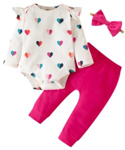 fullfamous baby girl clothes gifts outfits,fall winter long sleeve romper and pant set raspberry heart 6-12 months